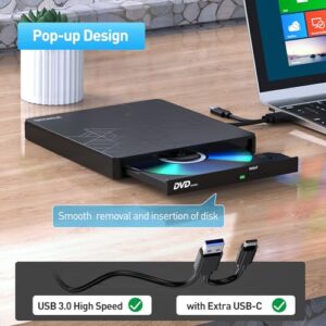 ORIGBELIE External DVD Drive, CD Drive USB 3.0 Typle C CD/DVD ROM +/-RW Adapter with USB Port DVD Burner for Laptop PC Desktop Computer, Optical Disk Drive CD Player Compatible with Mac Windows Linux