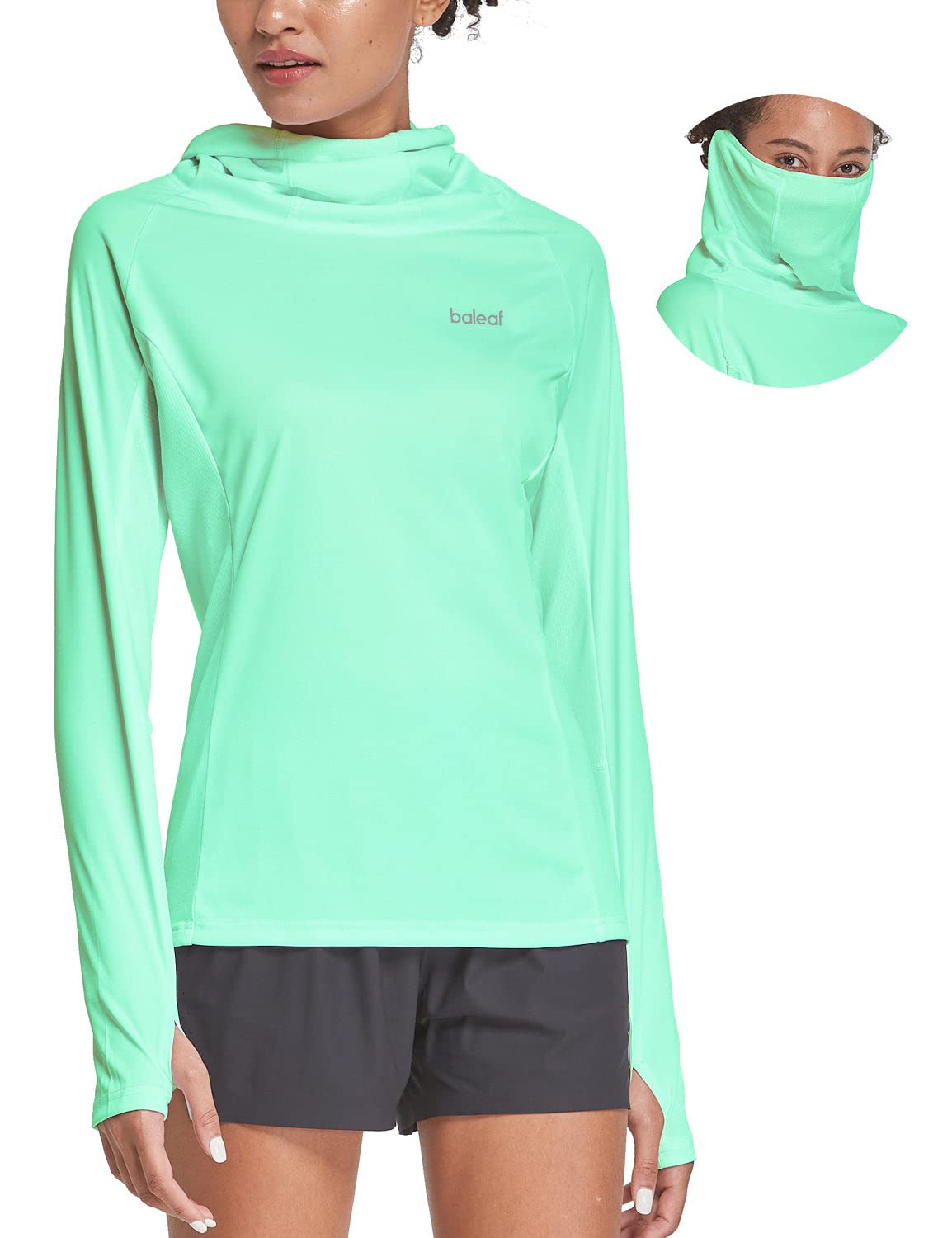 BALEAF Women's Hiking Long Sleeve Shirts with Face Cover Neck Gaiter UPF 50+ Lightweight Quick Dry SPF Fishing Running Hoddie Light Green Size M