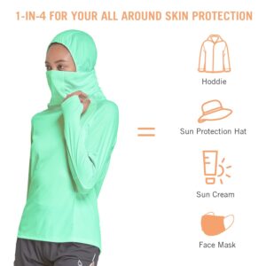 BALEAF Women's Hiking Long Sleeve Shirts with Face Cover Neck Gaiter UPF 50+ Lightweight Quick Dry SPF Fishing Running Hoddie Light Green Size M