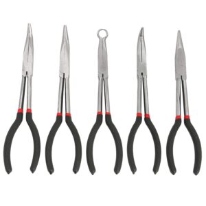 Amarine Made Long Needle Nose Pliers Set 11-inch Pliers 5-piece Set Nipper Bent Nose, Duckbill Pliers,End Cutting, Diagonal, Plug Cable Puller Reach Flat,45,90 Degree Angle, Straight,Curved Pliers