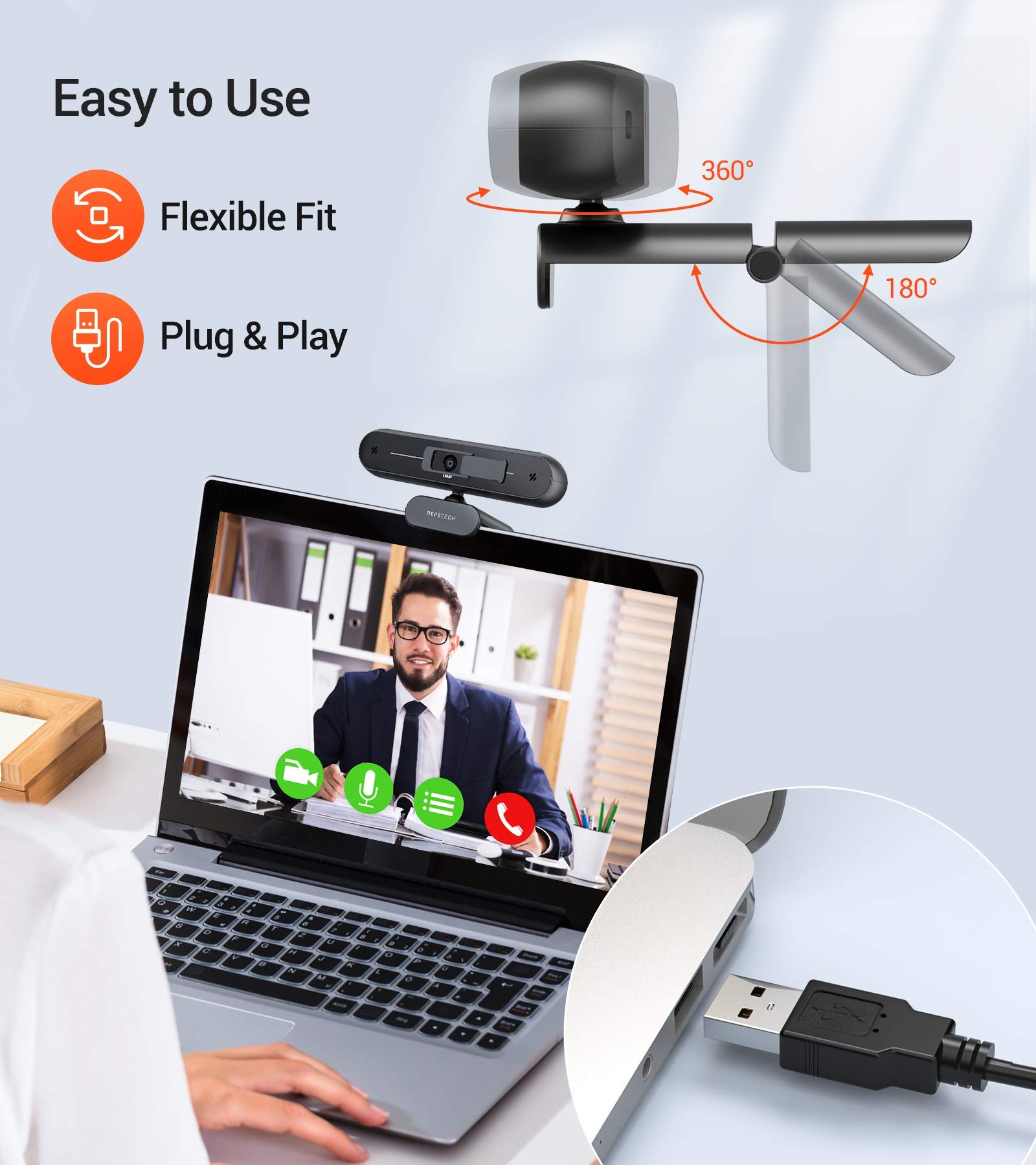 DEPSTECH Webcam with Microphone for Desktop, DW10 USB Webcam 1080P, Web Cameras for Computers, Computer Camera with Microphone for PC, Desktop, Laptop, Streaming Webcam with Cover Slide & Tripod