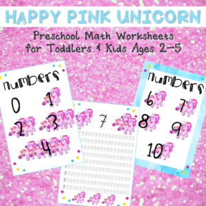 happy pink unicorn preschool math worksheets for toddlers & kids ages 2-5: numbers practice charts for pre k - learn from home packet