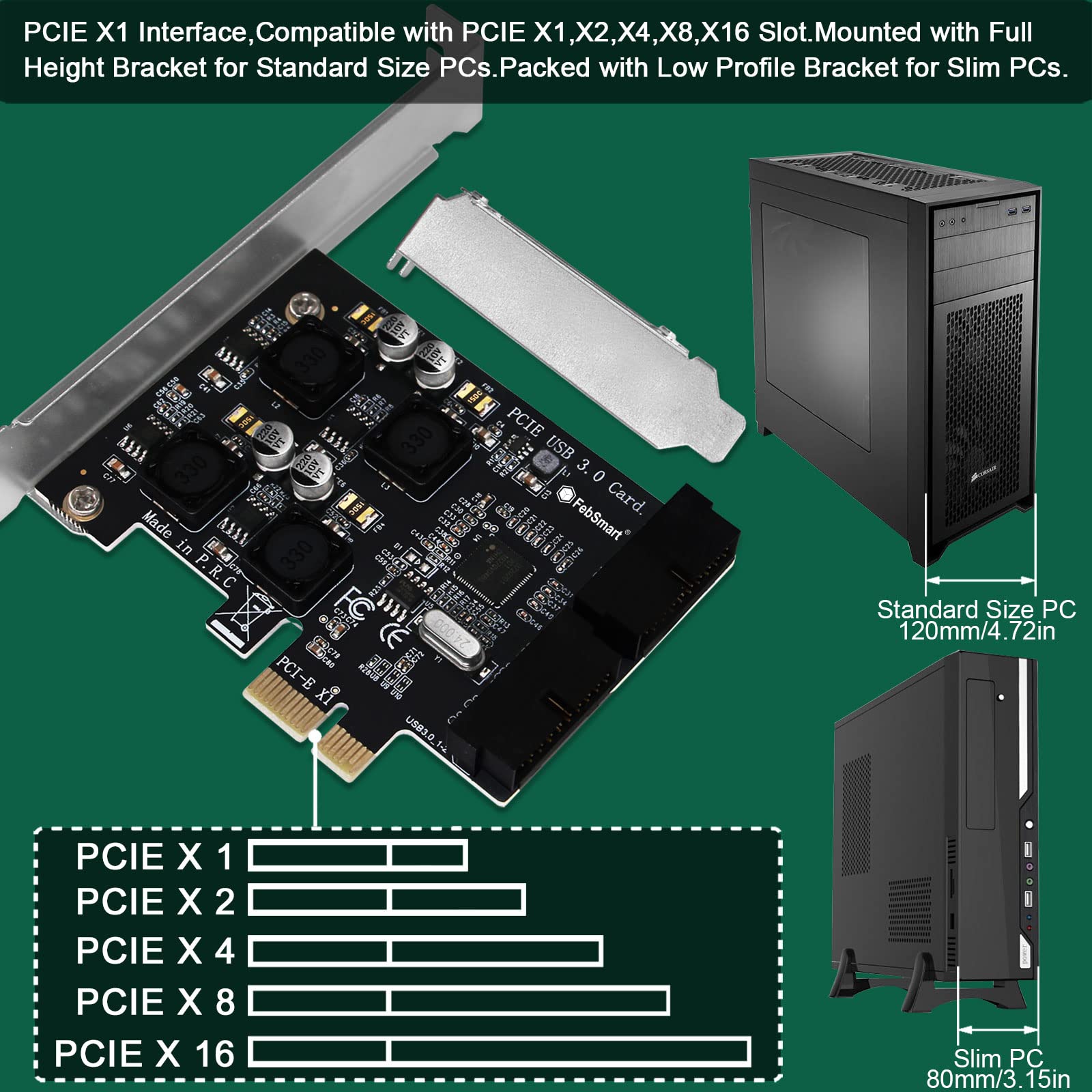 FebSmart 2X 19Pin USB 3.0 Header Ports PCIE USB 3.0 5Gbps Expansion Card for Windows and Linux Desktop PCs, Built in FebSmart Self-Powered Technology, No Need Additional Power Supply (FS-H2-Pro)