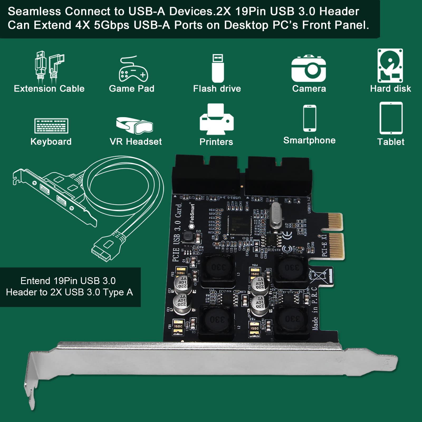 FebSmart 2X 19Pin USB 3.0 Header Ports PCIE USB 3.0 5Gbps Expansion Card for Windows and Linux Desktop PCs, Built in FebSmart Self-Powered Technology, No Need Additional Power Supply (FS-H2-Pro)