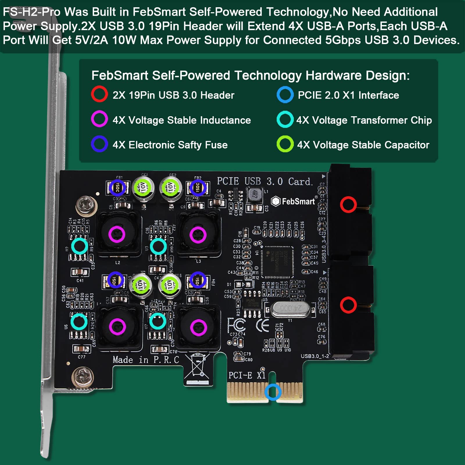 FebSmart 2X 19Pin USB 3.0 Header Ports PCIE USB 3.0 5Gbps Expansion Card for Windows and Linux Desktop PCs, Built in FebSmart Self-Powered Technology, No Need Additional Power Supply (FS-H2-Pro)