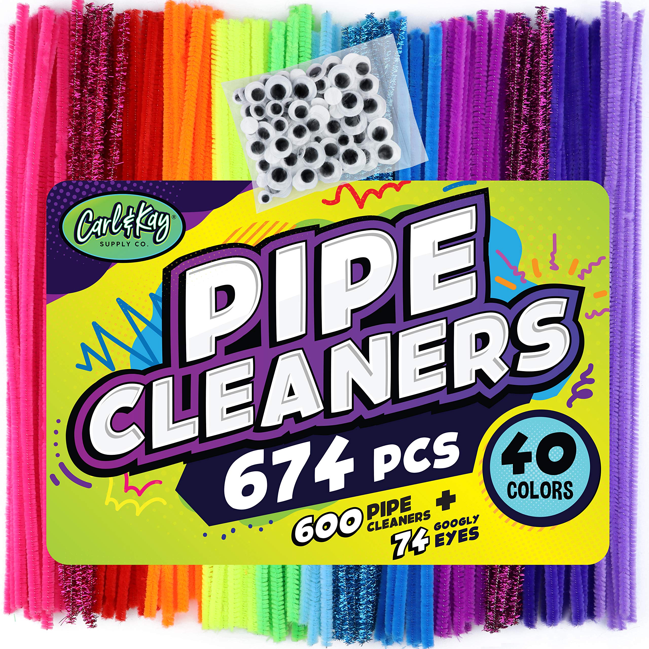 Carl & Kay 600 Pipe Cleaners & 74 Googly Eyes - Chenille Stems Pipe Cleaners Craft - Colorful Pipe Cleaners for Crafts - Colored Pipe Cleaners for Kids - Bulk Pipe Cleaners - Soft Fuzzy Chenille Stems