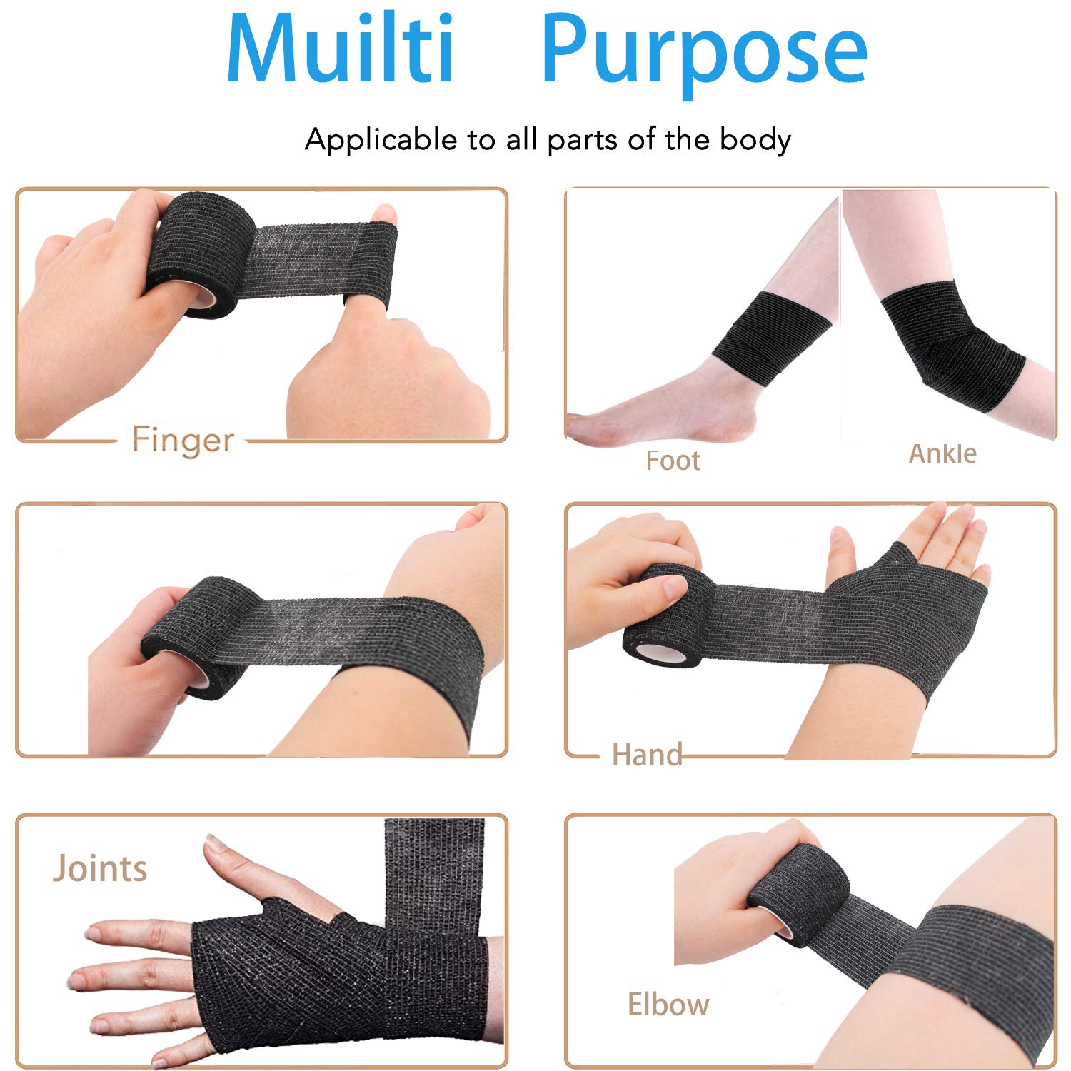 Self Adherent Cohesive Bandages 2" x 5 Yards - 12 Pack Self Adherent Wrap Medical Tape, Black Adhesive Flexible Breathable First Aid Gauze Wrap for Medical Use, Sports, First Aid Wrist Ankle (Black)