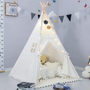 teepee tent for kids with padded mat, foldable play tent with carry bag for indoor outdoor, pompom lace cotton canvas playhouse tipi for girls boys