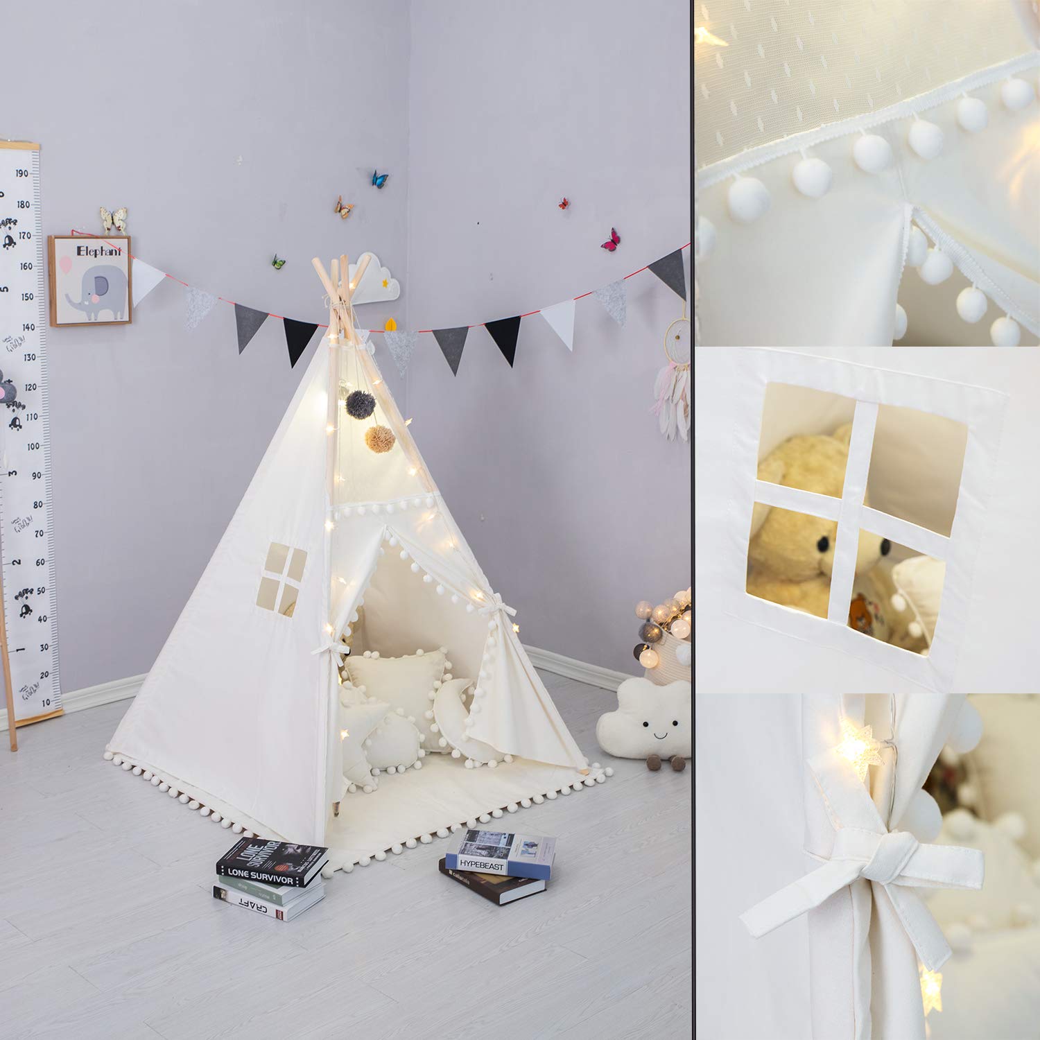 Teepee Tent for Kids with Padded Mat, Foldable Play Tent with Carry Bag for Indoor Outdoor, Pompom Lace Cotton Canvas Playhouse Tipi for Girls Boys