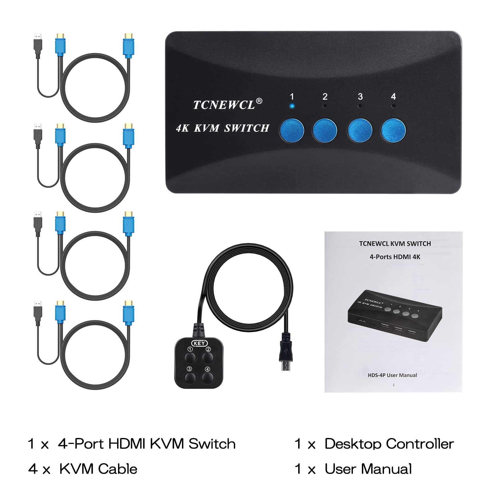 KVM Switch 4 Port, HDMI KVM Switcher 4Kx2K@30Hz for 4 Computers Sharing 1 HD Monitor and 3 USB Devices Keyboard Mouse Printer,Including 4*KVM Cables &1* Wire Desktop Controller