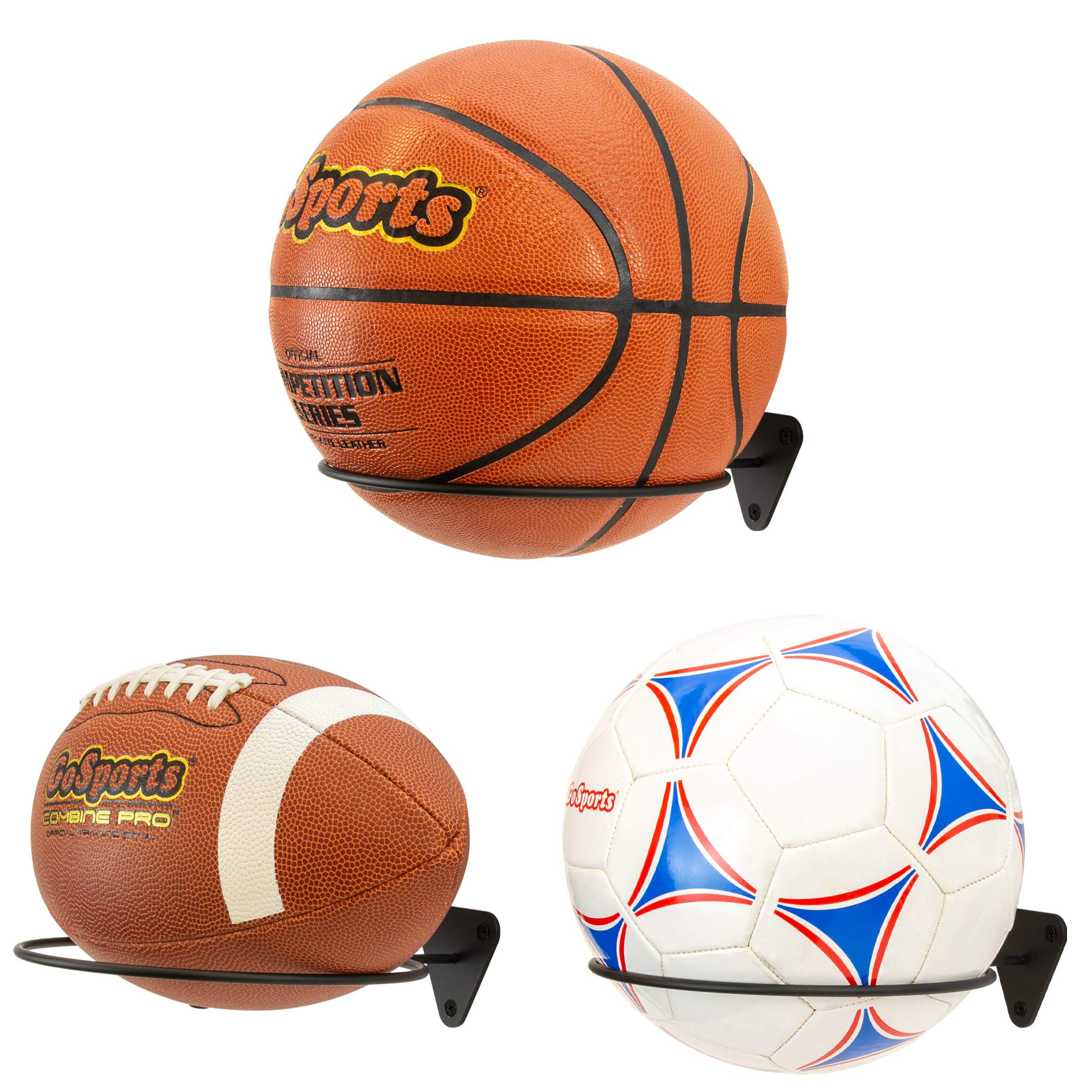 GoSports Wall Mounted Ball Stand Holder for Sports Balls (Basketballs, Soccer Balls, Footballs) - 3 Pack