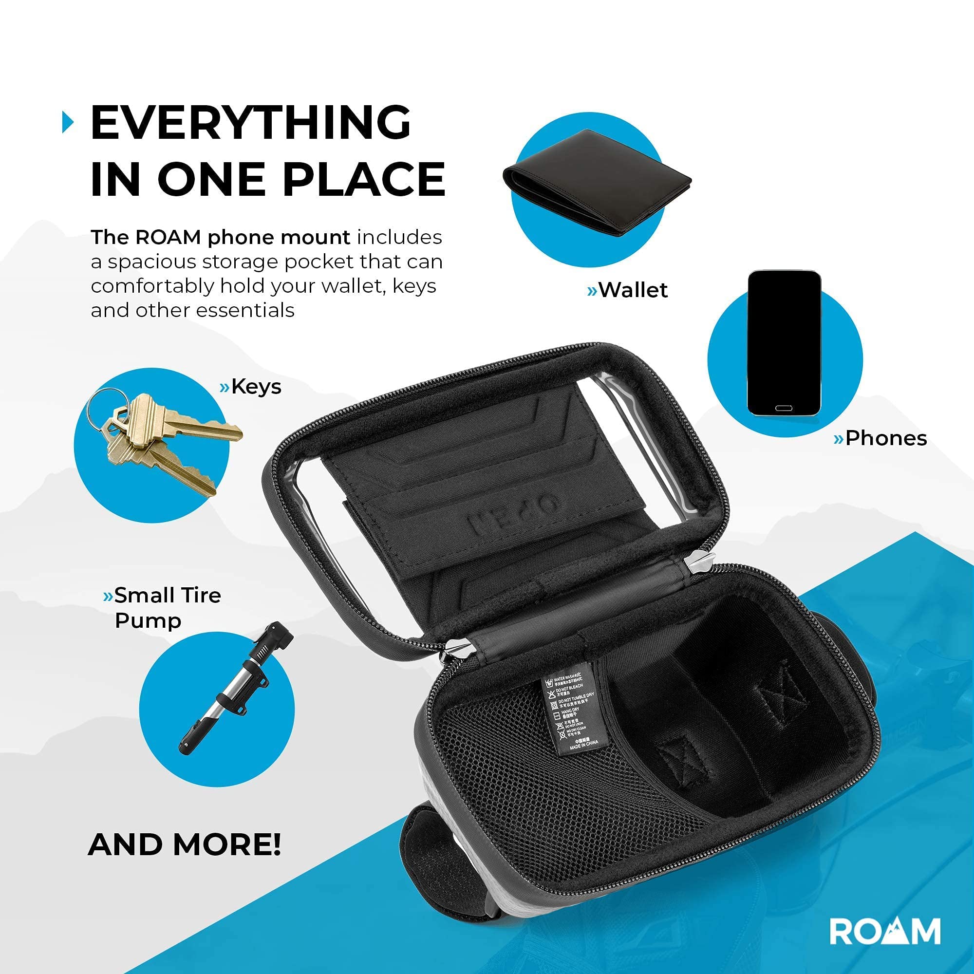 Roam Bike Phone Holder Mount - Waterproof Bike Frame Bag - Top Tube Bike Handlebar Bag - Bicycle Cell Phone Accessories Universal Compatibility w/Android, iPhone 12, 13 & 13 Pro - Black