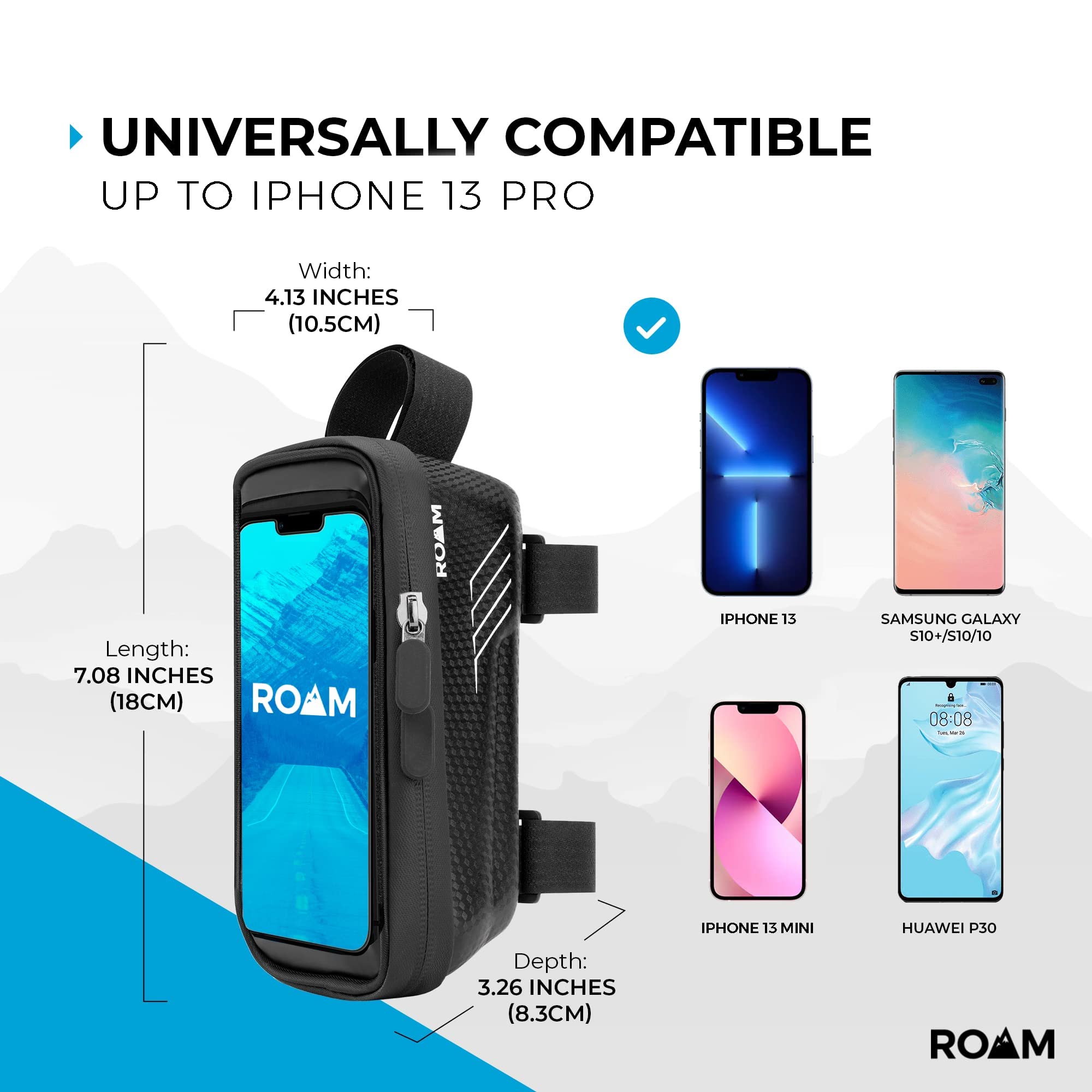 Roam Bike Phone Holder Mount - Waterproof Bike Frame Bag - Top Tube Bike Handlebar Bag - Bicycle Cell Phone Accessories Universal Compatibility w/Android, iPhone 12, 13 & 13 Pro - Black