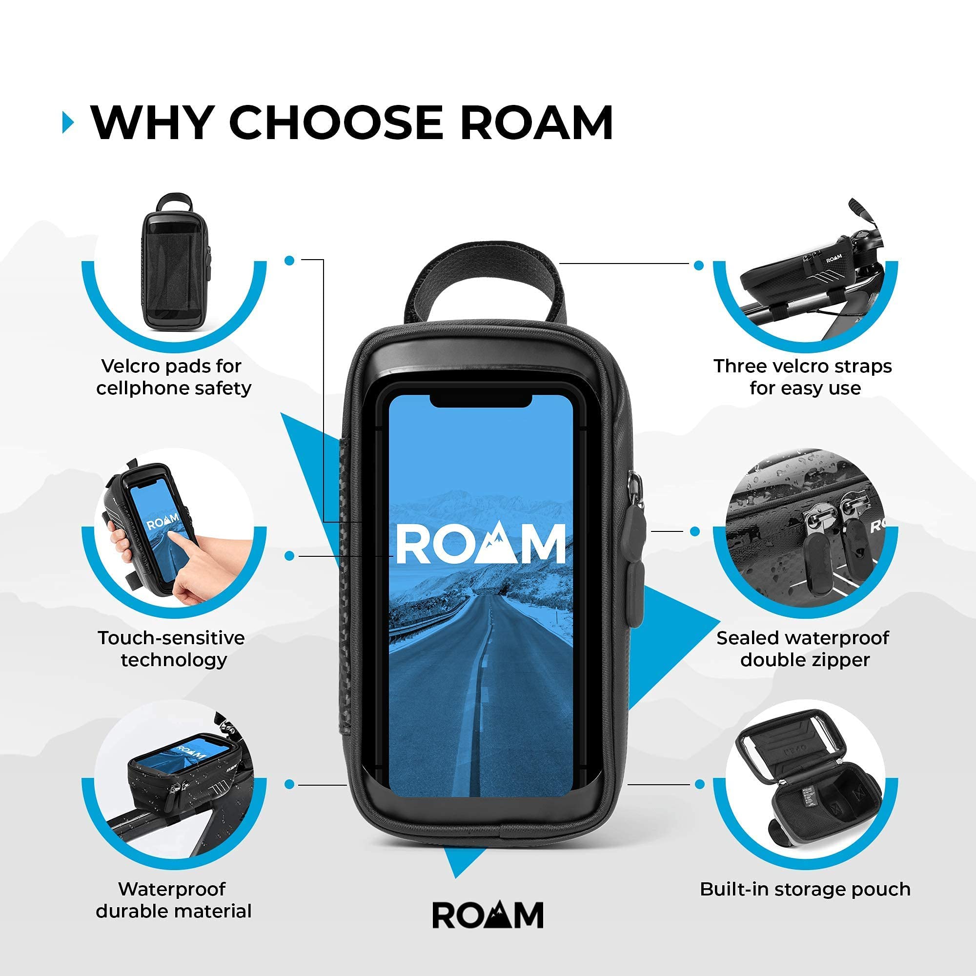 Roam Bike Phone Holder Mount - Waterproof Bike Frame Bag - Top Tube Bike Handlebar Bag - Bicycle Cell Phone Accessories Universal Compatibility w/Android, iPhone 12, 13 & 13 Pro - Black