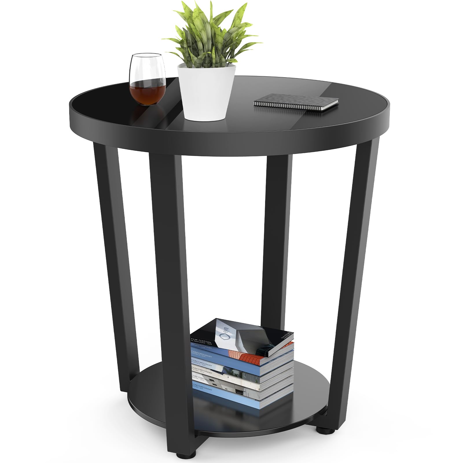 NSFRCLHO Round End Table, Tempered Glass End Table with Metal Frame, Small Coffee Table, Black Sofa Side Table for Living Room, Balcony, Bedroom