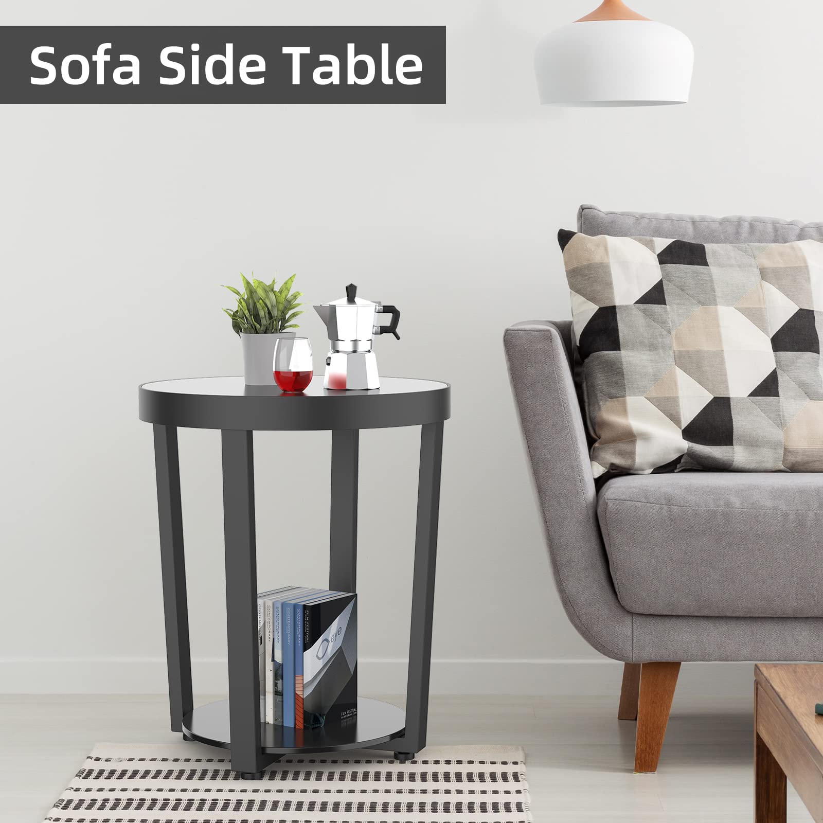 NSFRCLHO Round End Table, Tempered Glass End Table with Metal Frame, Small Coffee Table, Black Sofa Side Table for Living Room, Balcony, Bedroom