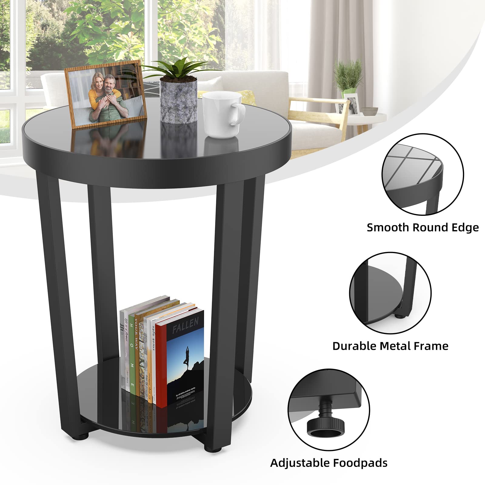 NSFRCLHO Round End Table, Tempered Glass End Table with Metal Frame, Small Coffee Table, Black Sofa Side Table for Living Room, Balcony, Bedroom