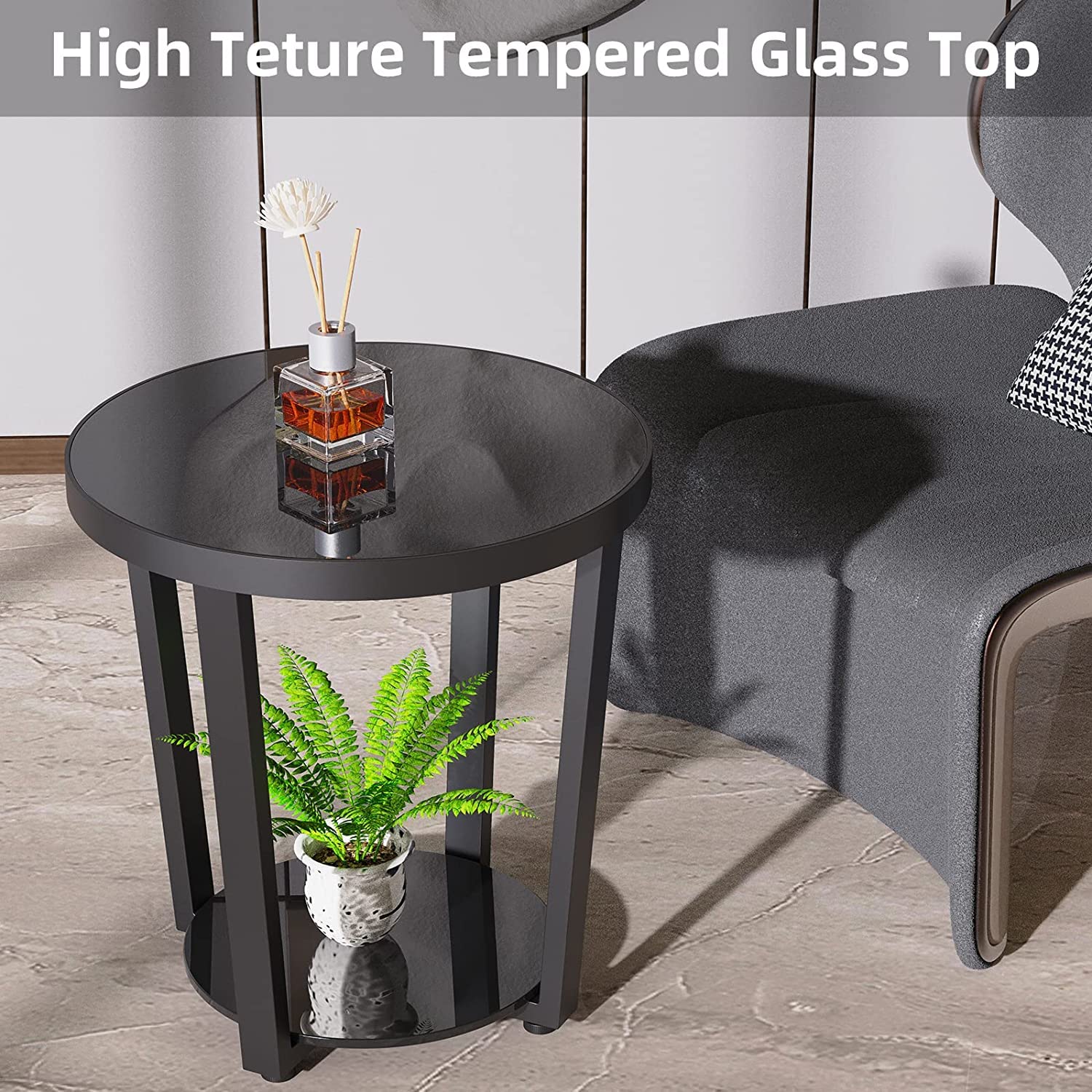 NSFRCLHO Round End Table, Tempered Glass End Table with Metal Frame, Small Coffee Table, Black Sofa Side Table for Living Room, Balcony, Bedroom