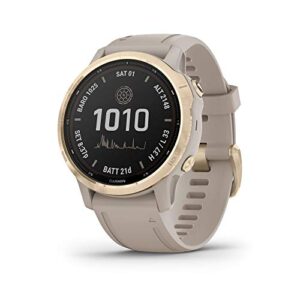 garmin fenix 6s pro solar, smaller-sized multisport gps watch with solar charging capabilities, advanced training features and data, light gold with tan band