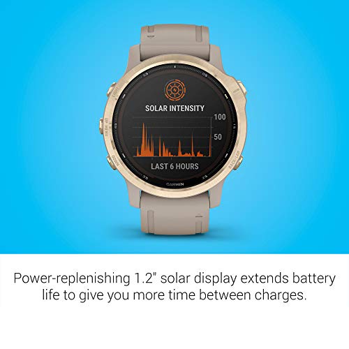 Garmin fenix 6s Pro Solar, Smaller-Sized Multisport GPS Watch with Solar Charging Capabilities, Advanced Training Features and Data, Light Gold with Tan Band