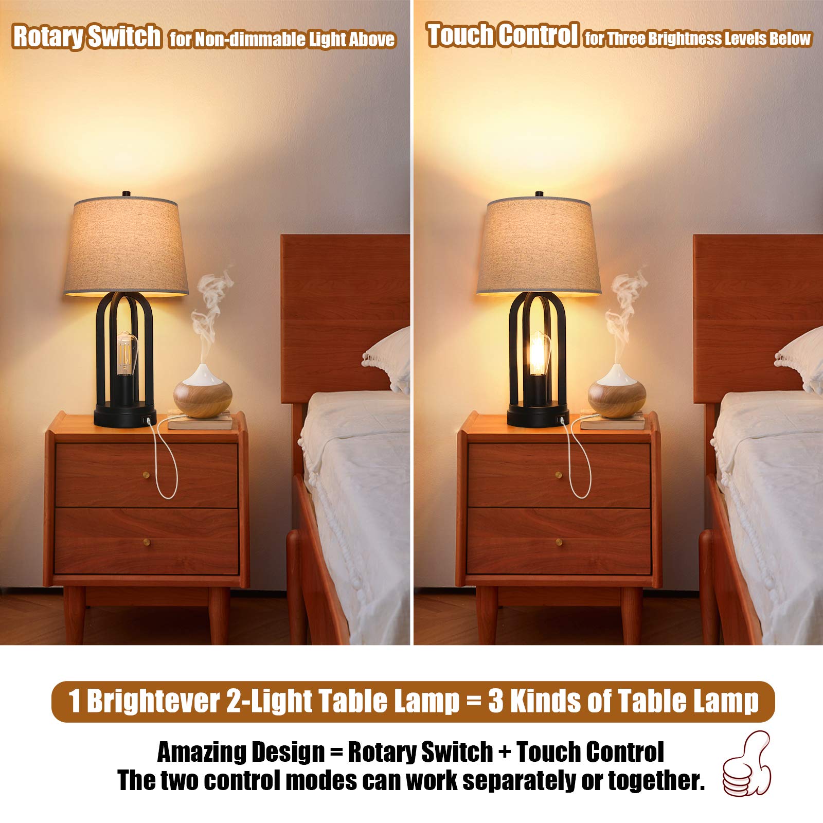 Touch Bedside Table Lamps with Rotary Switch Set of 2, 3-Way Dimmable Bedroom Living Room Lamps with USB Charging Ports, Industrial Nightstand Lamp with Fabric Lampshade for Reading, Bulbs Included