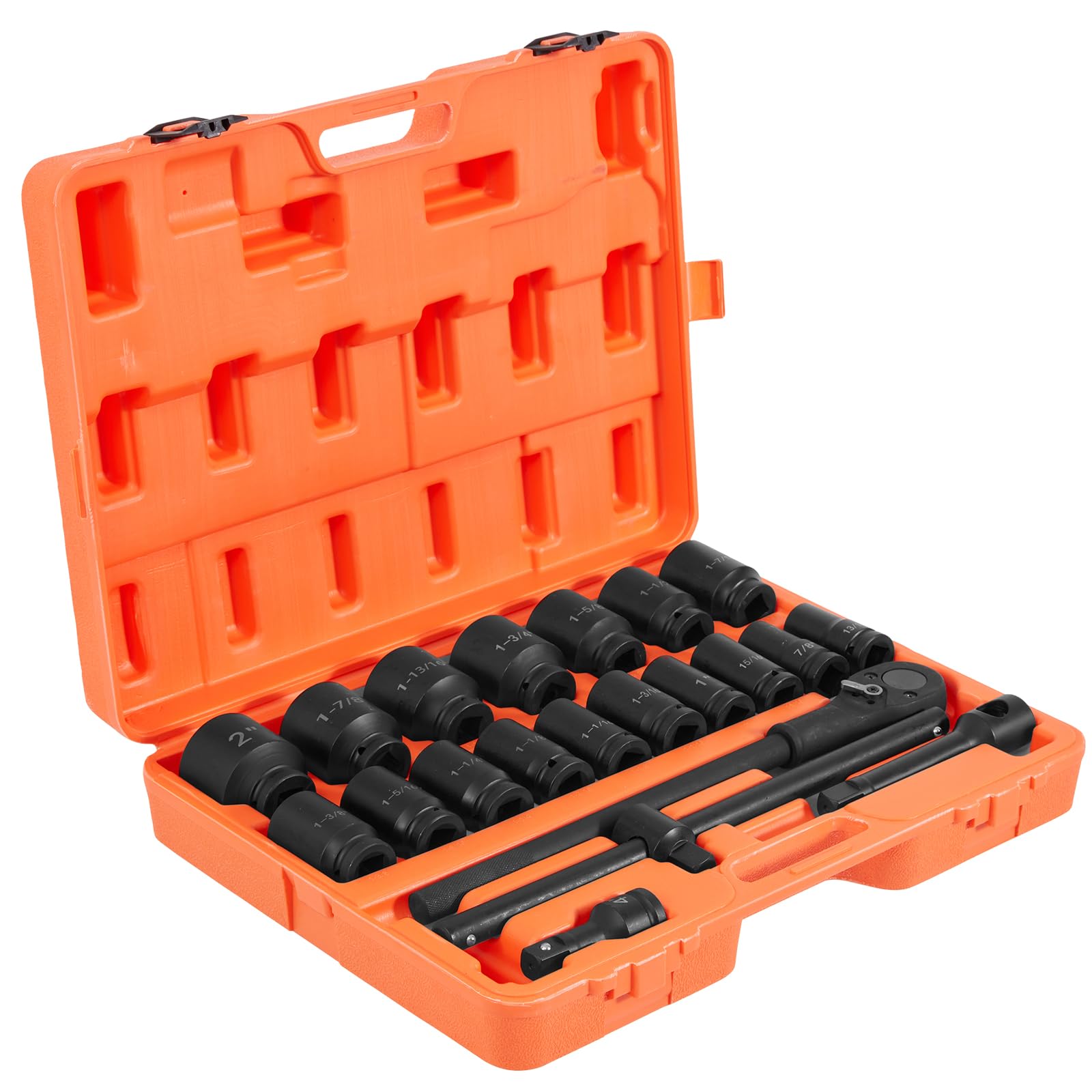 VEVOR Impact Socket Set 3/4 Inches 22 Piece Deep Impact Sockets, Socket Assortment 3/4 Inches Drive Socket Set Impact Standard SAE Sizes 7/8 Inches to 2 Inches Includes Adapters and Ratchet Handle