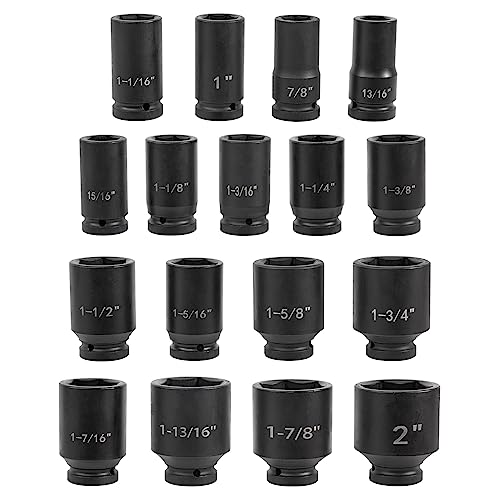 VEVOR Impact Socket Set 3/4 Inches 22 Piece Deep Impact Sockets, Socket Assortment 3/4 Inches Drive Socket Set Impact Standard SAE Sizes 7/8 Inches to 2 Inches Includes Adapters and Ratchet Handle