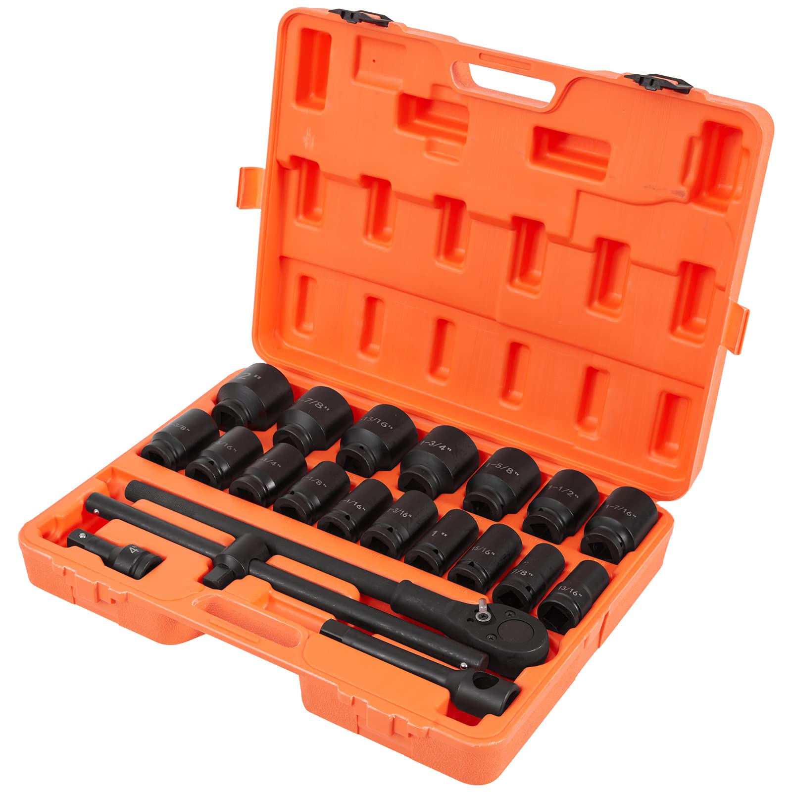 VEVOR Impact Socket Set 3/4 Inches 22 Piece Deep Impact Sockets, Socket Assortment 3/4 Inches Drive Socket Set Impact Standard SAE Sizes 7/8 Inches to 2 Inches Includes Adapters and Ratchet Handle