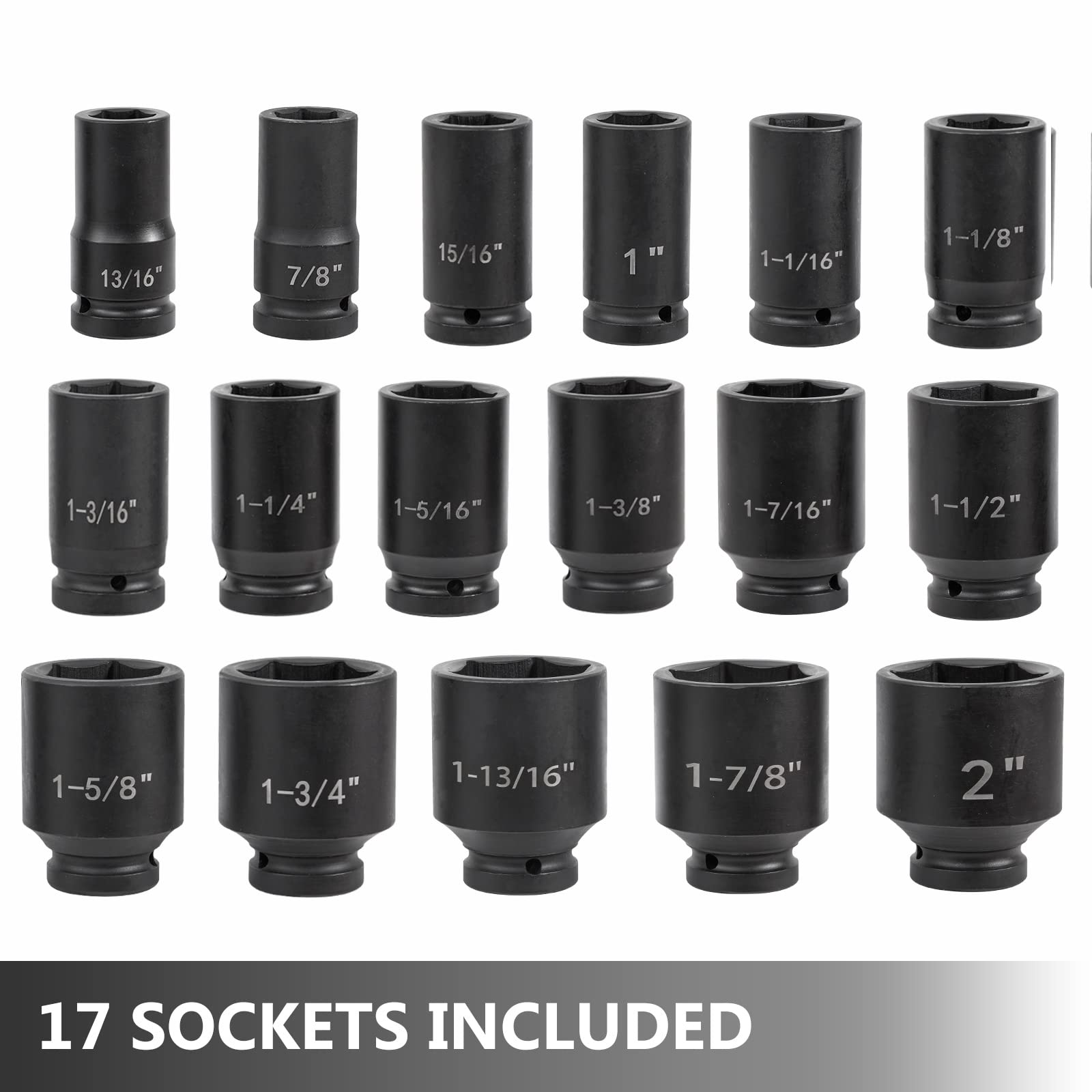 VEVOR Impact Socket Set 3/4 Inches 22 Piece Deep Impact Sockets, Socket Assortment 3/4 Inches Drive Socket Set Impact Standard SAE Sizes 7/8 Inches to 2 Inches Includes Adapters and Ratchet Handle