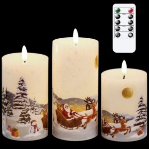 genswin christmas santa clause battery operated candles flameless flickering with remote timer, 3d wick real wax led pillar candles warm light, christmas snowman santa clause and deer gift(pack of 3)