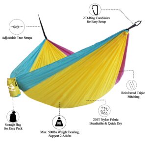 Favorland Camping Hammock Double & Single with Tree Straps for Hiking, Backpacking, Travel, Beach, Yard - 2 Persons Outdoor Indoor Lightweight & Portable with Straps & Steel Carabiners Nylon(Yellow)