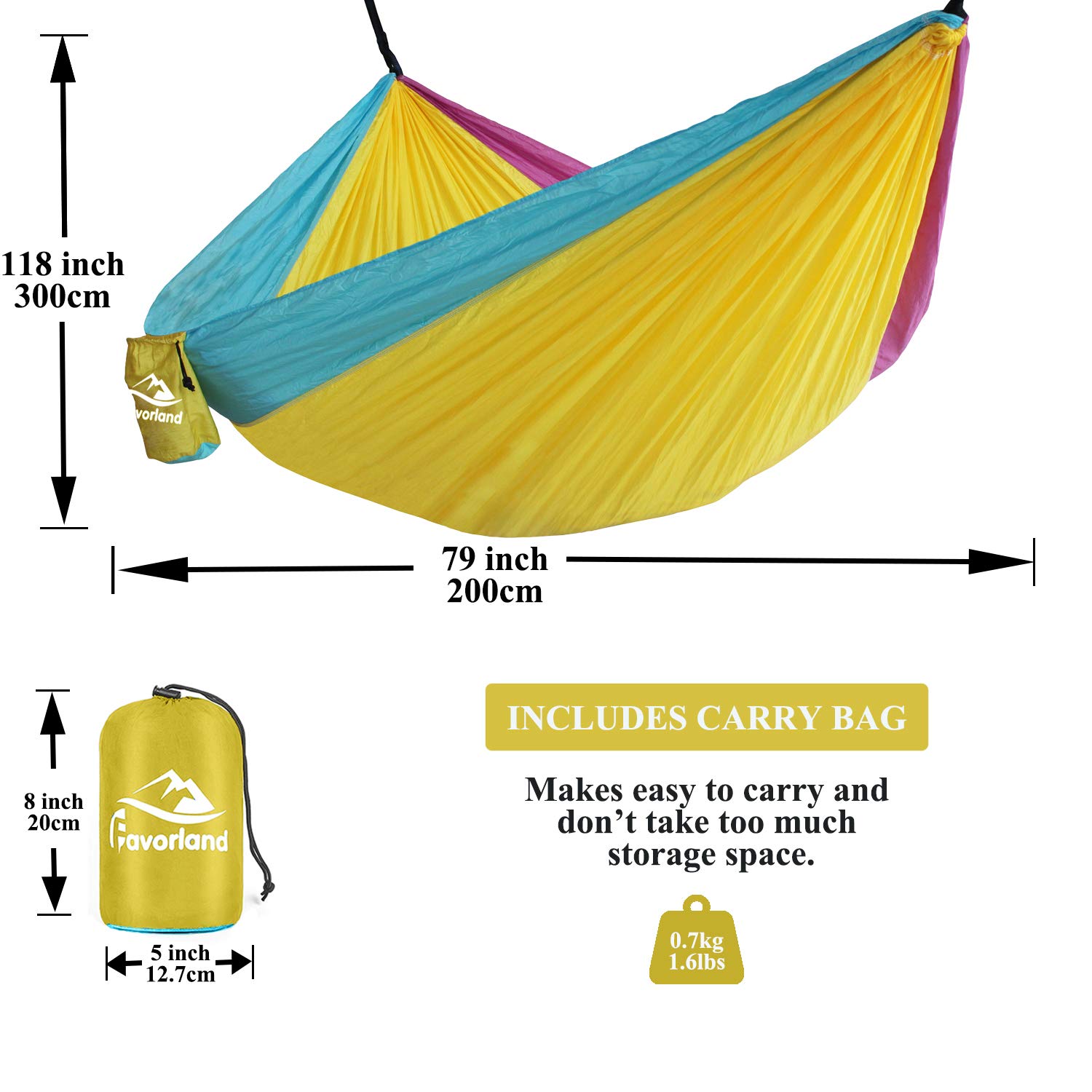 Favorland Camping Hammock Double & Single with Tree Straps for Hiking, Backpacking, Travel, Beach, Yard - 2 Persons Outdoor Indoor Lightweight & Portable with Straps & Steel Carabiners Nylon(Yellow)