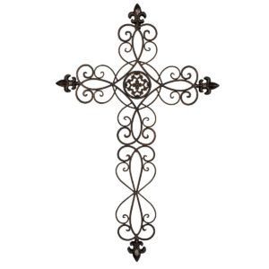 retrome 28" h metal cross wall decor for home, fleur-de-lis accents, dark bronze