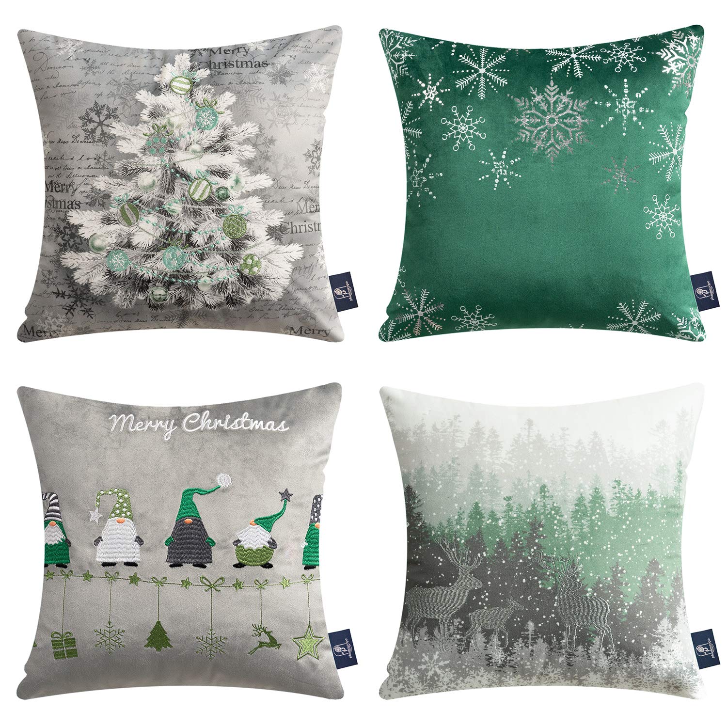 Phantoscope Pack of 4 Merry Christmas Decorative Velvet Embroidery Throw Pillow Cover with Snowflake, Trees, Elves, Elk Cushion Covers for Xmas Couch Sofa, Green and Grey, 18 x 18 inches, 45 x 45cm