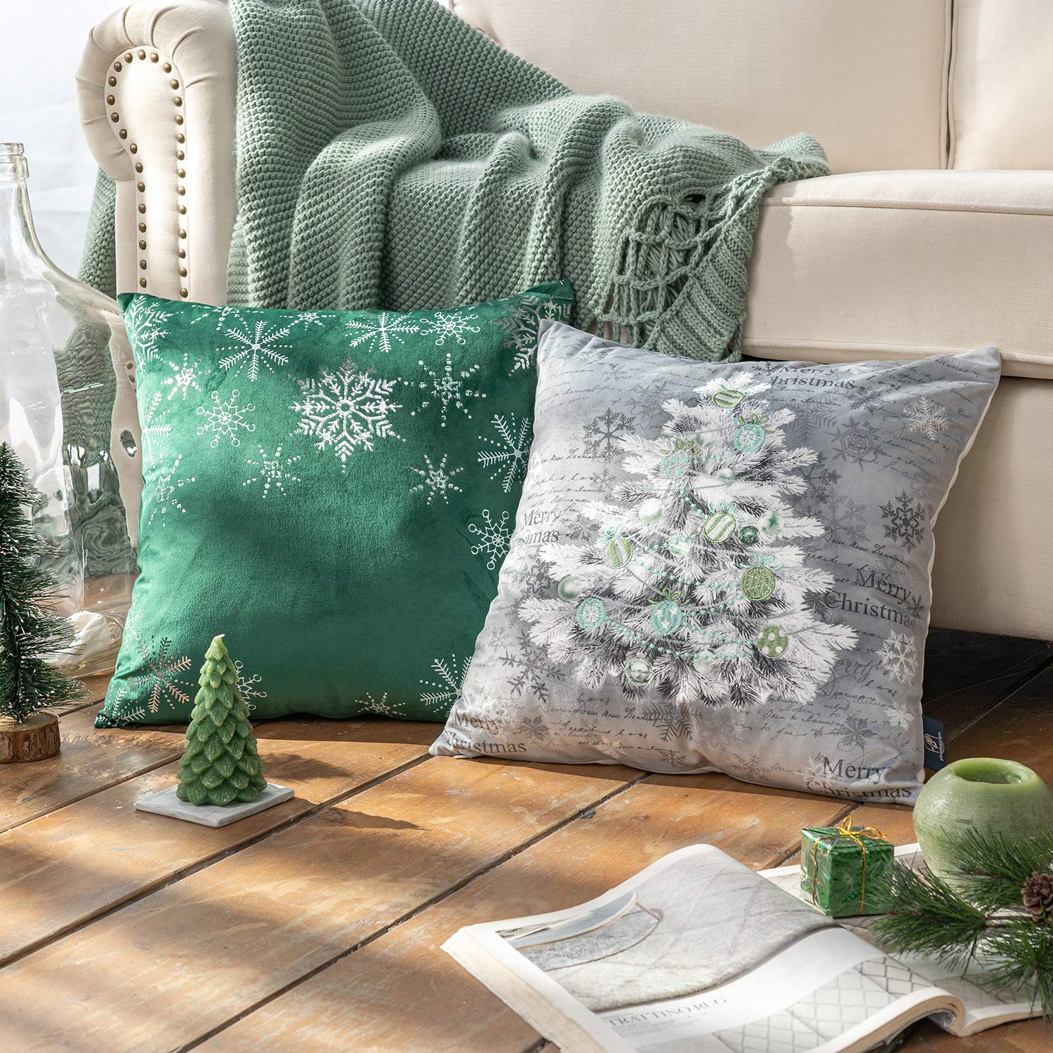 Phantoscope Pack of 4 Merry Christmas Decorative Velvet Embroidery Throw Pillow Cover with Snowflake, Trees, Elves, Elk Cushion Covers for Xmas Couch Sofa, Green and Grey, 18 x 18 inches, 45 x 45cm