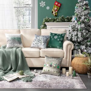 Phantoscope Pack of 4 Merry Christmas Decorative Velvet Embroidery Throw Pillow Cover with Snowflake, Trees, Elves, Elk Cushion Covers for Xmas Couch Sofa, Green and Grey, 18 x 18 inches, 45 x 45cm