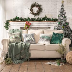 Phantoscope Pack of 4 Merry Christmas Decorative Velvet Embroidery Throw Pillow Cover with Snowflake, Trees, Elves, Elk Cushion Covers for Xmas Couch Sofa, Green and Grey, 18 x 18 inches, 45 x 45cm