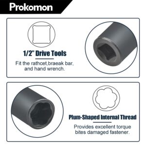 Prokomon Wheel Lock Removal Socket, 6 Pcs Cr-Mo Steel Twist Socket Set, Metric 17-22mm Bolt Lug Nut Extractor Socket with Drift Punch Nut Removal Bar