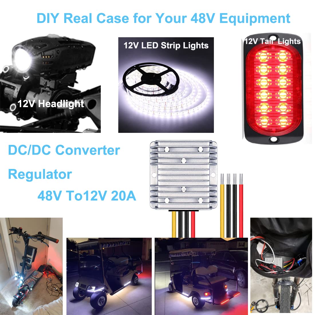 LEDMO 48V Step Down to DC 12V 20A 240W DC/DC Converter Regulator Reducer for Golf Cart Scooters Bicycles Club Car