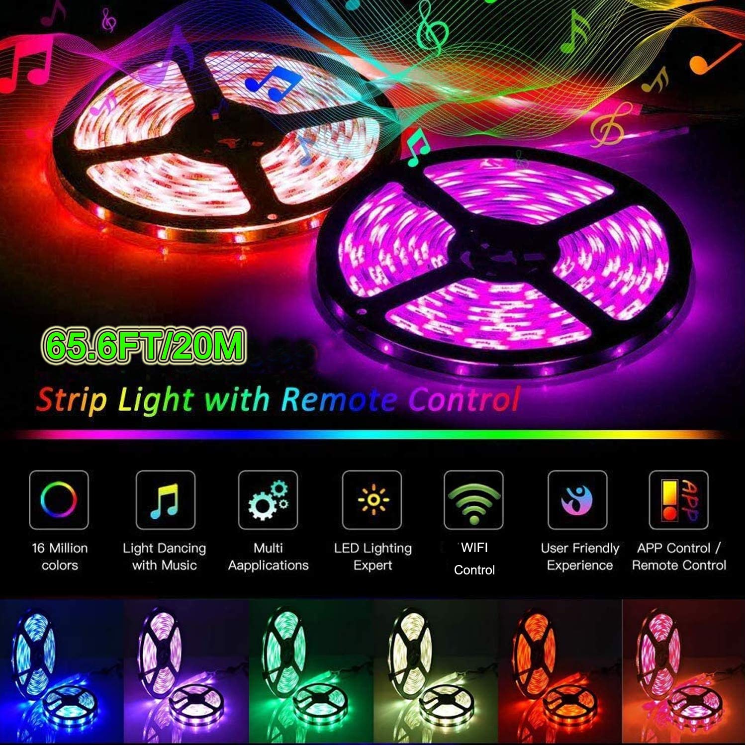 LuxLumin LED Strip Lights,65.6ft LED Light Strip with Remote, Music Sync WiFi APP Control Color Changing Light Strip, RGB LED Strip Lights for Bedroom,Work with Amazon Alexa Google Assistant