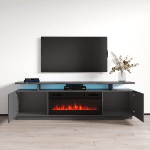 Eva-KBL Fireplace TV Stand for TVs up to 80", Modern High Gloss 71" Entertainment Center, Electric Fireplace TV Media Console with Storage Cabinets and LED Lights