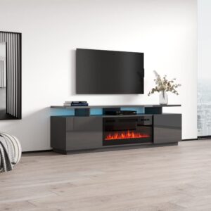 Eva-KBL Fireplace TV Stand for TVs up to 80", Modern High Gloss 71" Entertainment Center, Electric Fireplace TV Media Console with Storage Cabinets and LED Lights