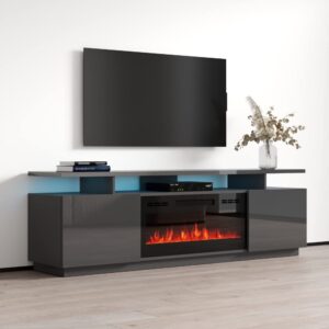 Eva-KBL Fireplace TV Stand for TVs up to 80", Modern High Gloss 71" Entertainment Center, Electric Fireplace TV Media Console with Storage Cabinets and LED Lights