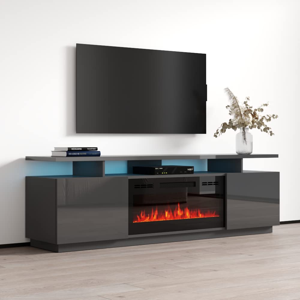 Eva-KBL Fireplace TV Stand for TVs up to 80", Modern High Gloss 71" Entertainment Center, Electric Fireplace TV Media Console with Storage Cabinets and LED Lights