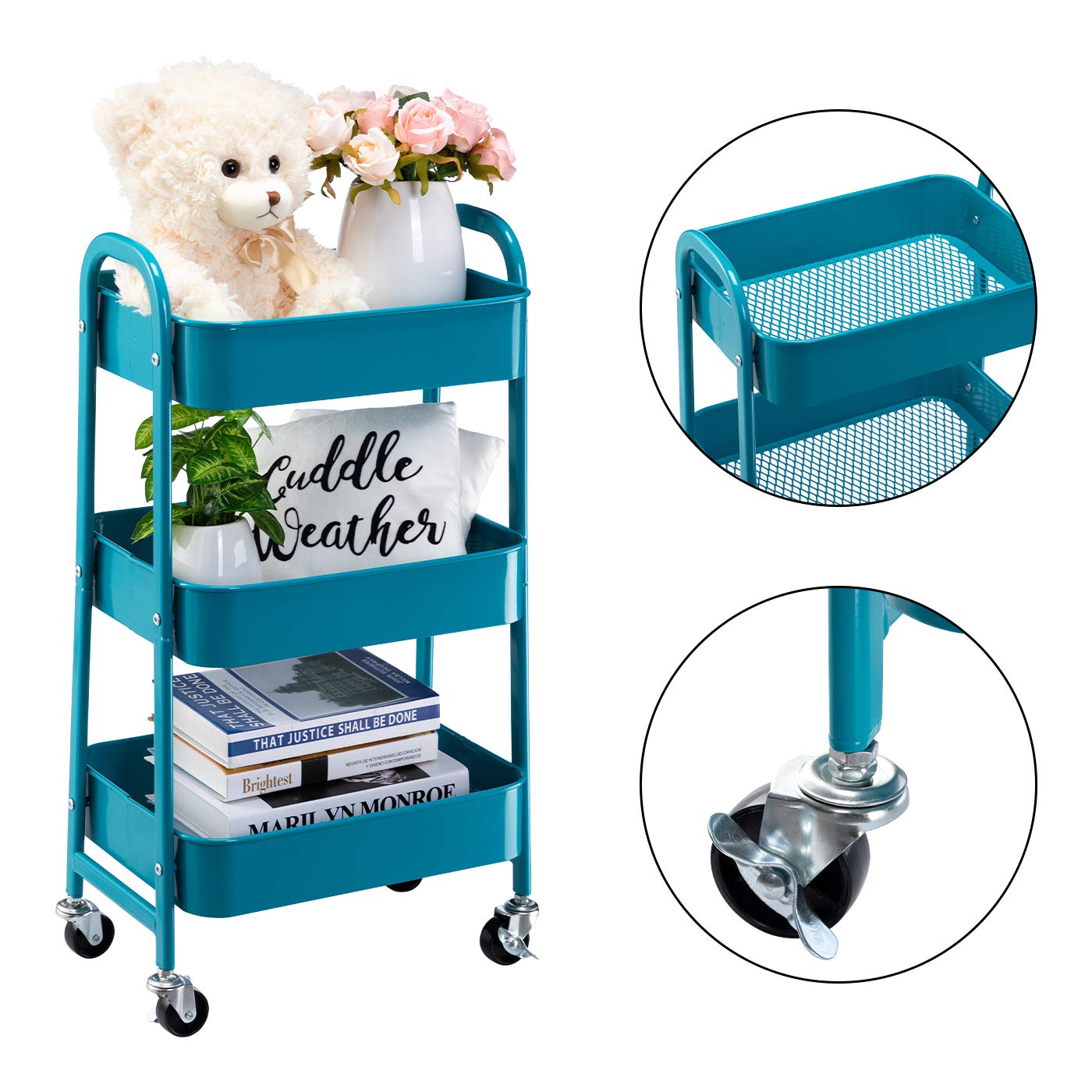 AGTEK Makeup Cart, Movable Rolling Organizer Cart, 3 Tier Metal Utility Cart, Peacock Blue Storage Cart