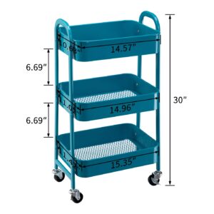 AGTEK Makeup Cart, Movable Rolling Organizer Cart, 3 Tier Metal Utility Cart, Peacock Blue Storage Cart