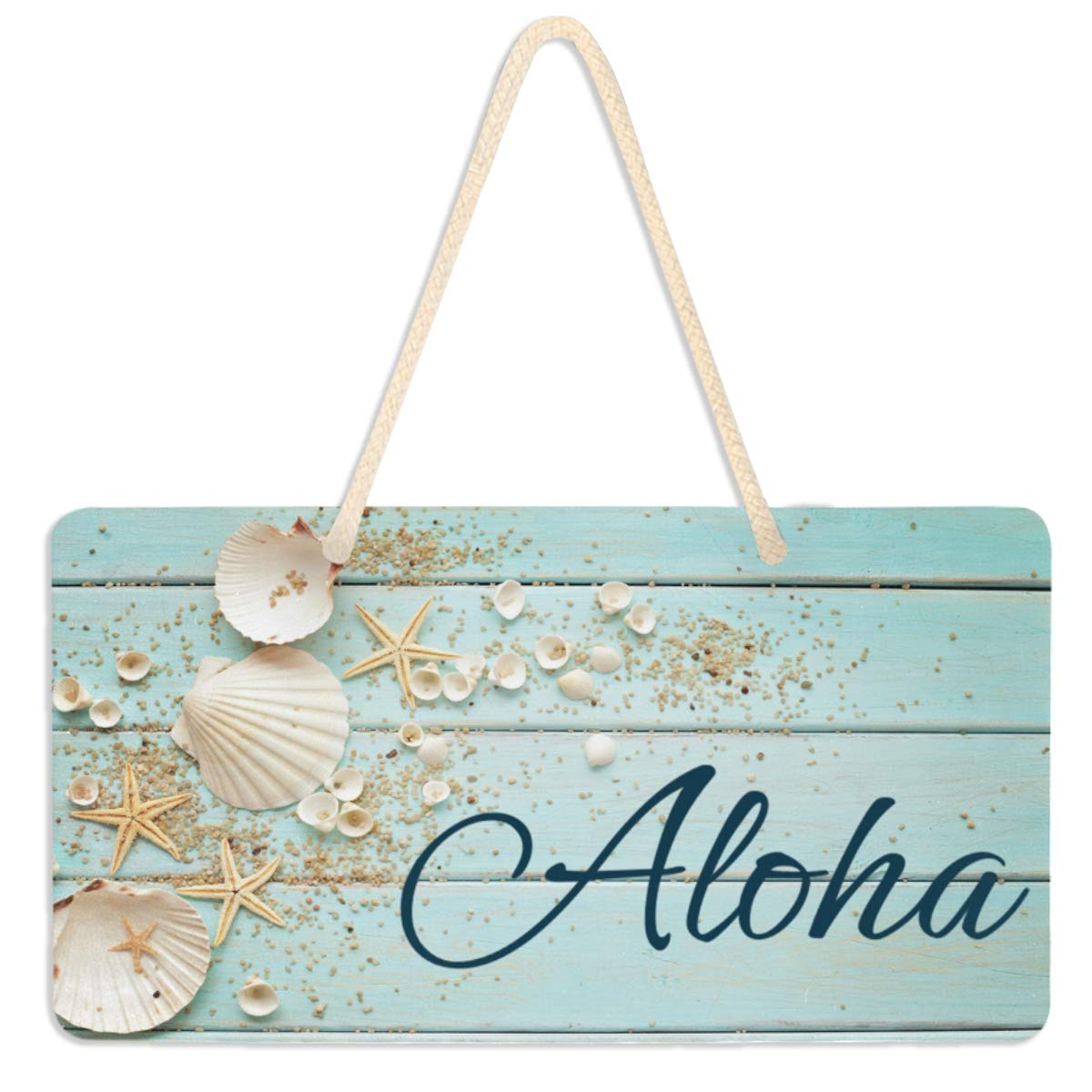 Naanle Aloha Door Sign Plaque with Rope, Wooden Seashell Hanging Sign Wall Art for Entrance Porch Front Home Garden Office Business Outdoor Decor 6 x 11 inches