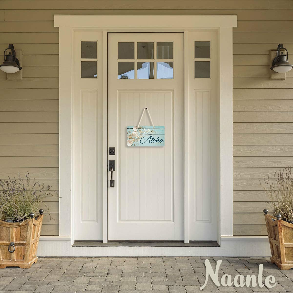 Naanle Aloha Door Sign Plaque with Rope, Wooden Seashell Hanging Sign Wall Art for Entrance Porch Front Home Garden Office Business Outdoor Decor 6 x 11 inches