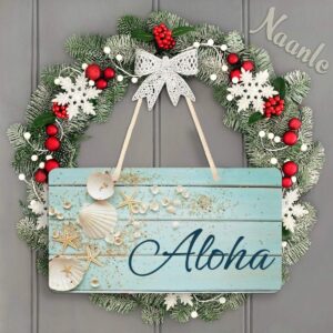 Naanle Aloha Door Sign Plaque with Rope, Wooden Seashell Hanging Sign Wall Art for Entrance Porch Front Home Garden Office Business Outdoor Decor 6 x 11 inches