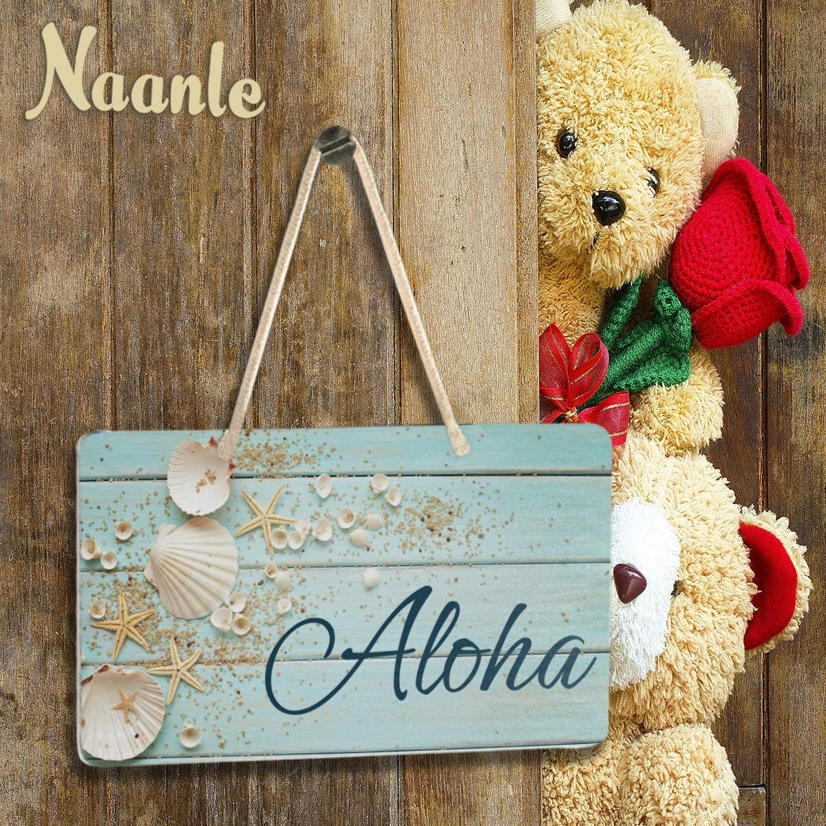 Naanle Aloha Door Sign Plaque with Rope, Wooden Seashell Hanging Sign Wall Art for Entrance Porch Front Home Garden Office Business Outdoor Decor 6 x 11 inches